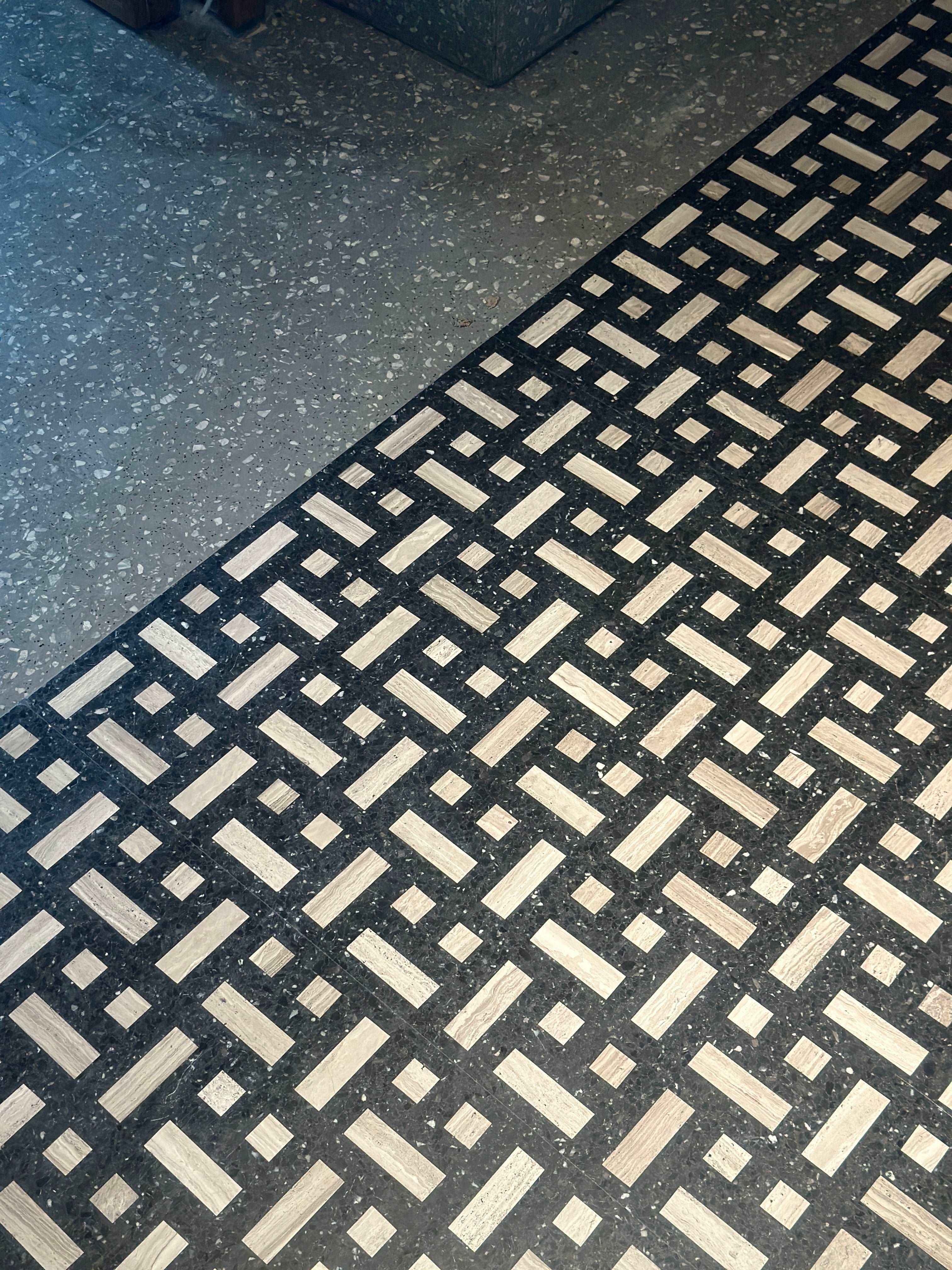 White Marble Aggregate Flooring | Black Sand Base & Hand-Laid Hotpot ...