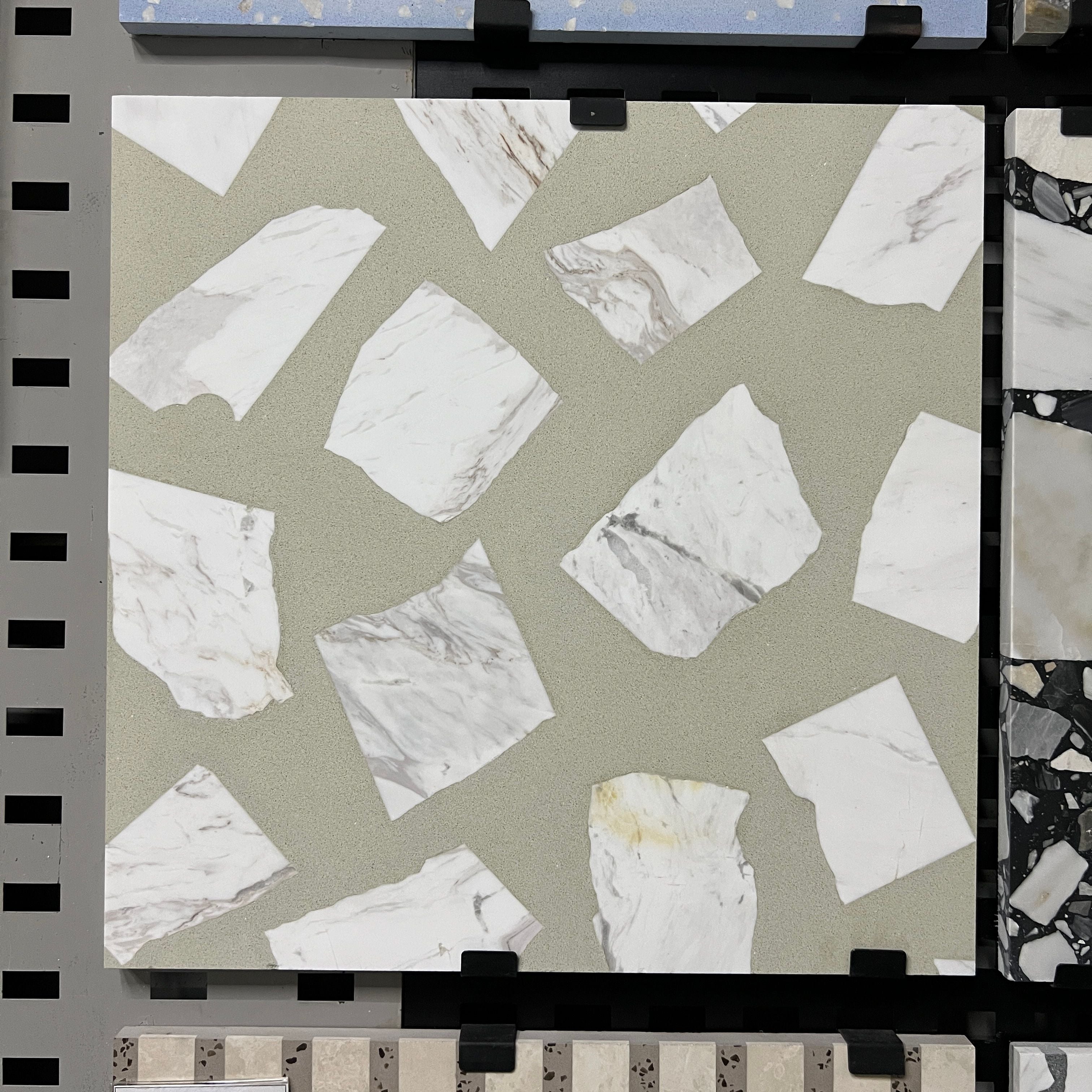 Handmade White Marble Aggregate Mosaic Panels | Sage Green Base with ...